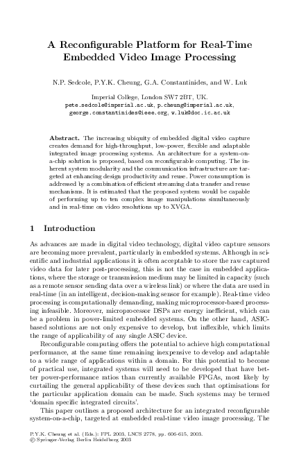 (PDF) A reconfigurable platform for real-time embedded video image processing | Peter Y K Cheung ...