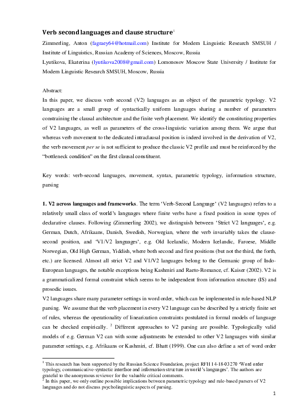 (PDF) Verb second languages and clause structure