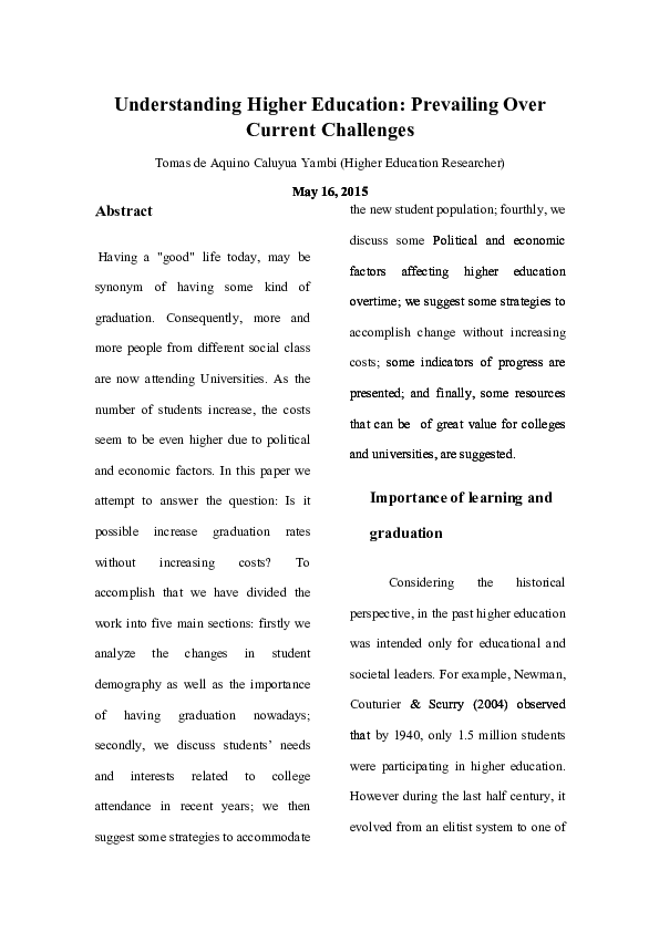 (PDF) Understanding Higher Education: Prevailing Over Current Challenges