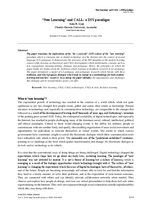(PDF) "New Learning" and CALL: a DIY paradigm | Ania Lian - Academia.edu