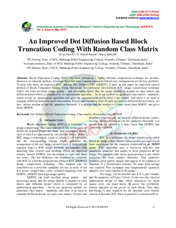 Pdf An Improved Dot Diffusion Based Block Truncation Coding With Random Class Matrix