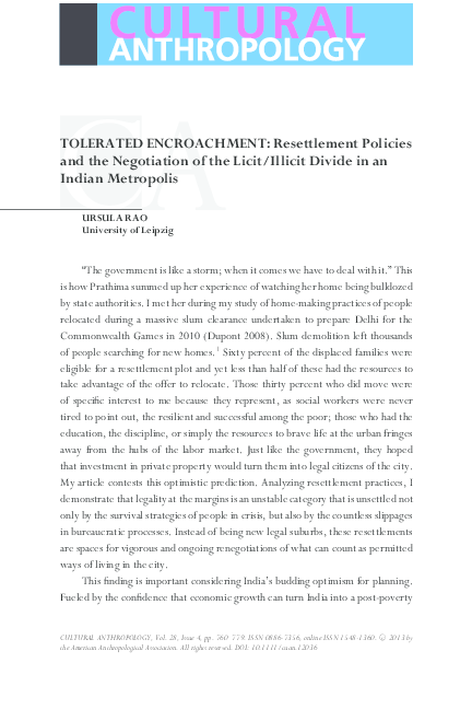 (PDF) Tolerated Encroachment Resettlement policies and the negotiation of the licit/illicit ...
