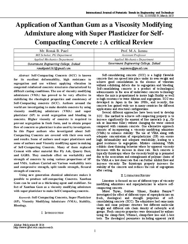 Doc Application Of Xanthan Gum As A Viscosity Modifying Admixture Along With Super Plasticizer