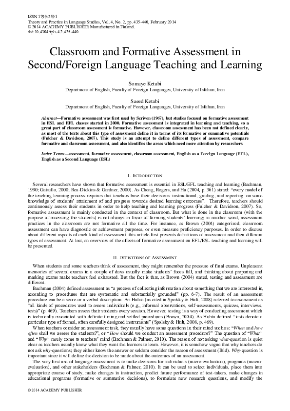 Classroom And Formative Assessment In Secondforeign Language Teaching And Learning