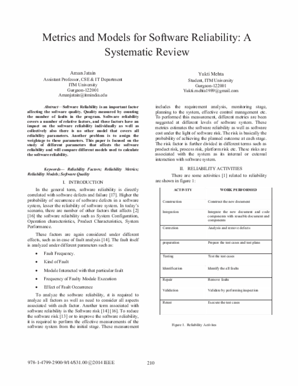 (PDF) Metrics and models for Software Reliability: A systematic review