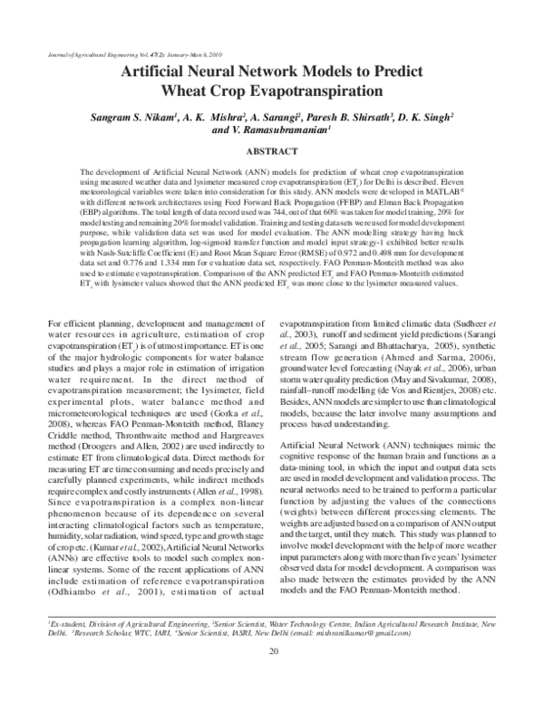 (PDF) Artificial Neural Network Models to Predict Wheat Crop Evapotranspiration