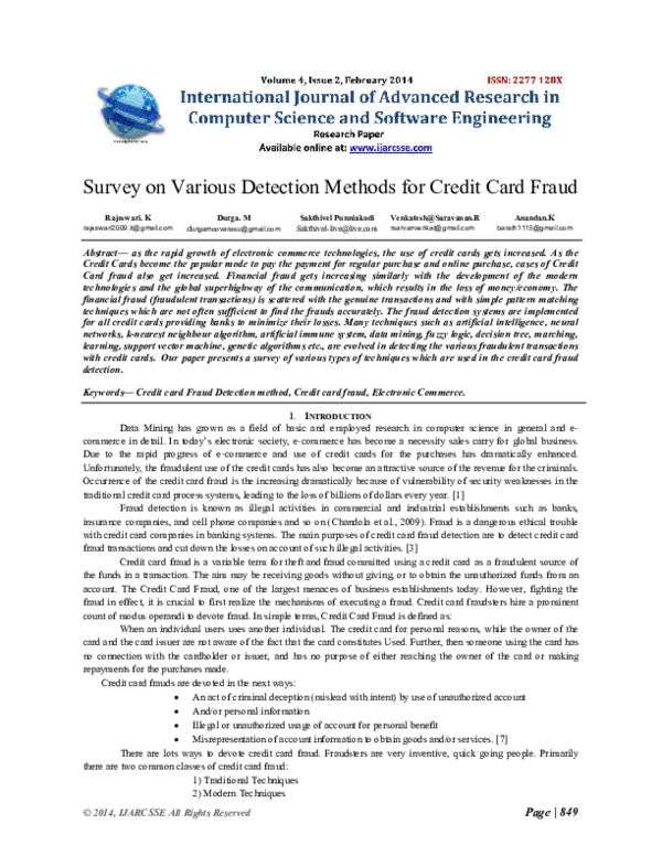 (PDF) Survey on Various Detection Methods for Credit Card Fraud