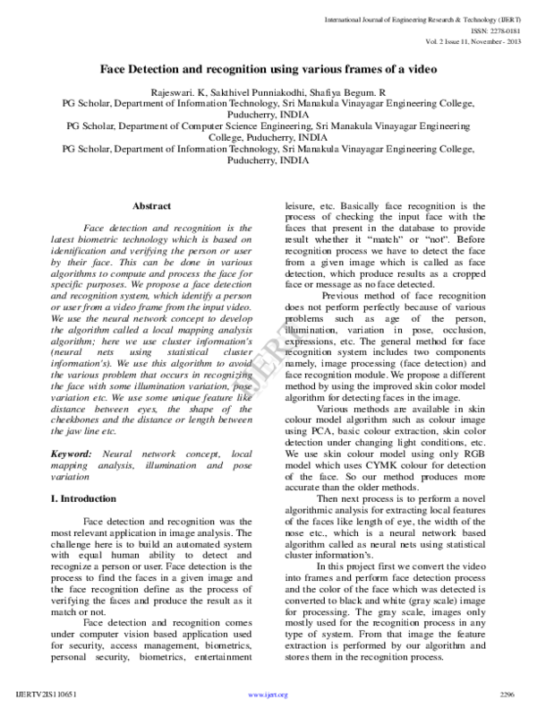 (PDF) Face Detection and recognition using various frames of a video