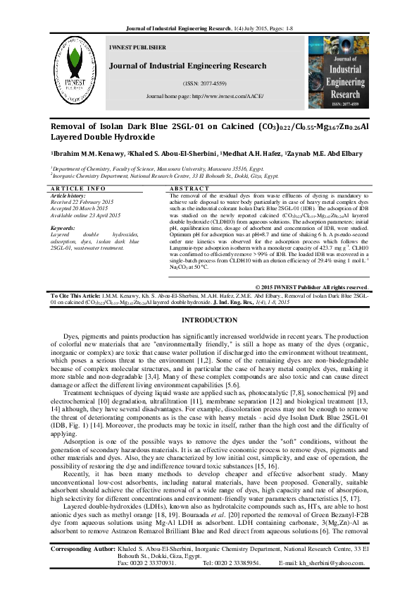 (PDF) Removal of Isolan Dark Blue 2SGL-01 on Calcined (CO3)0.22/Cl0.55 ...