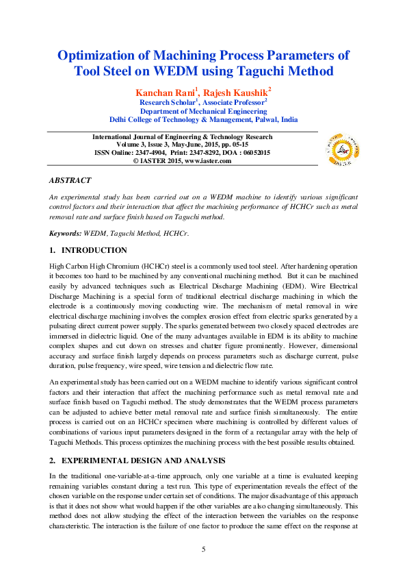 (PDF) Optimization of Machining Process Parameters of Tool Steel on WEDM using Taguchi Method