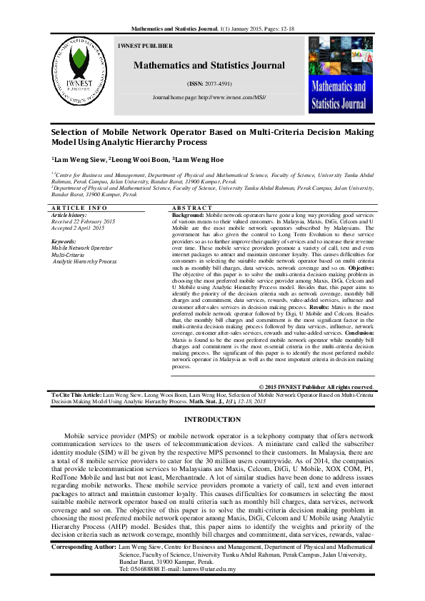 Pdf Selection Of Mobile Network Operator Based On Multi Criteria Decision Making Model Using