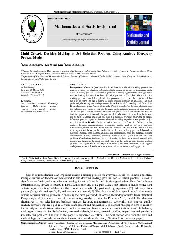Pdf Multi Criteria Decision Making In Job Selection Problem Using