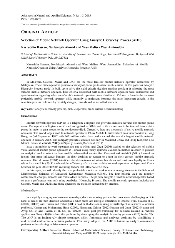 Pdf Selection Of Mobile Network Operator Using Analytic Hierarchy