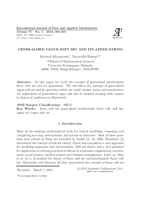 (PDF) GENERALIZED VAGUE SOFT SET AND ITS APPLICATIONS