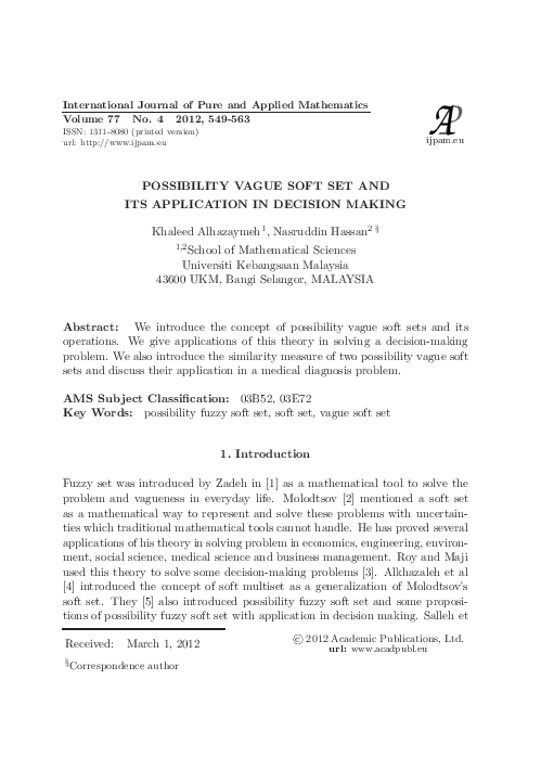 (PDF) POSSIBILITY VAGUE SOFT SET AND ITS APPLICATION IN DECISION MAKING