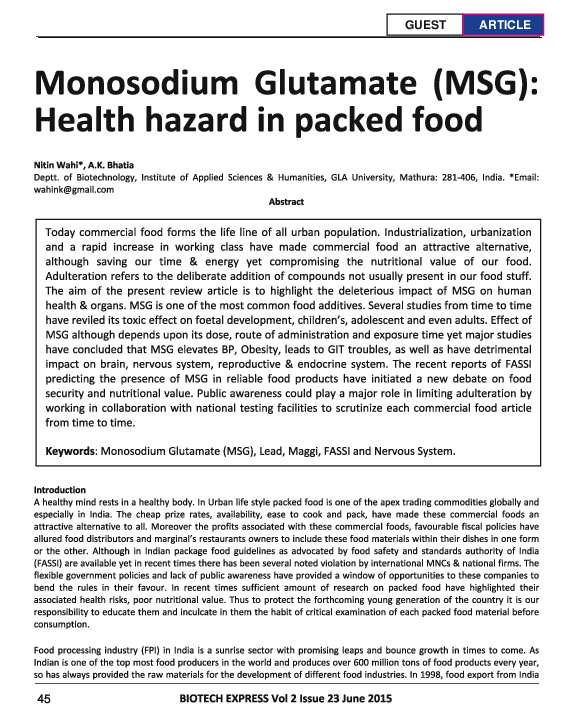 (PDF) Monosodium Glutamate (MSG): Health hazard in packed food