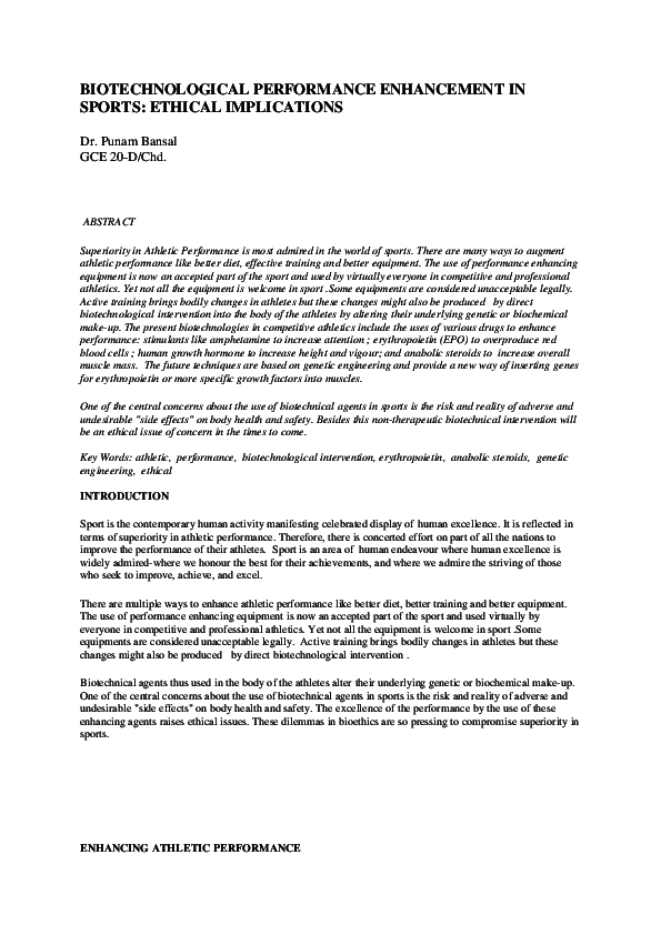 (PDF) BIOTECHNOLOGICAL PERFORMANCE ENHANCEMENT IN SPORTS: ETHICAL ...