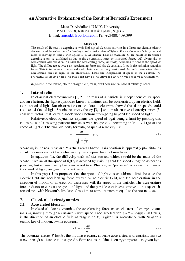 (PDF) An Alternative Explanation of the Result of Bertozzi's Experiment