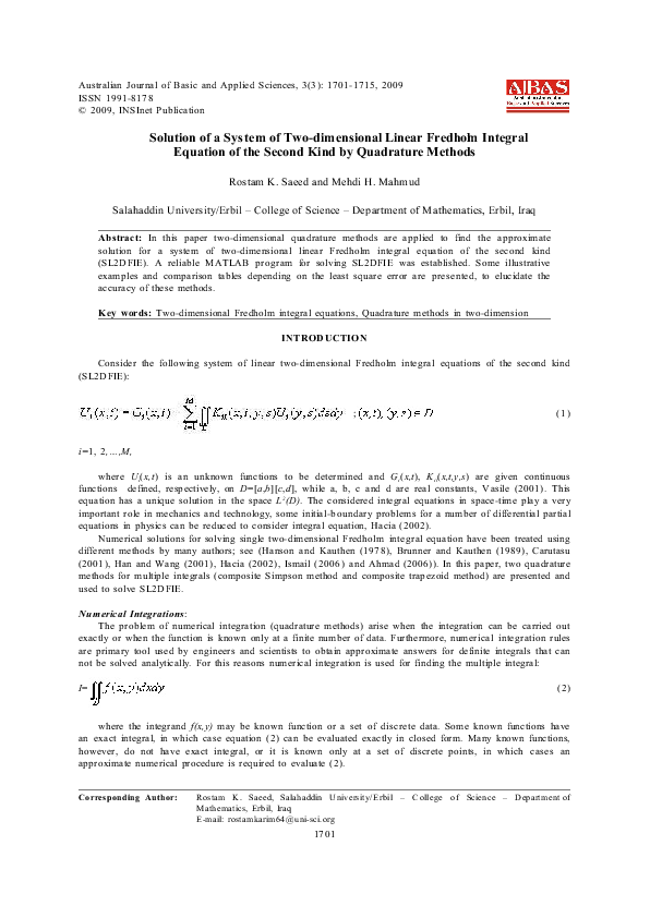 Pdf Solution Of A Sys Tem Of Two Dimensional Linear Fredholm Integral