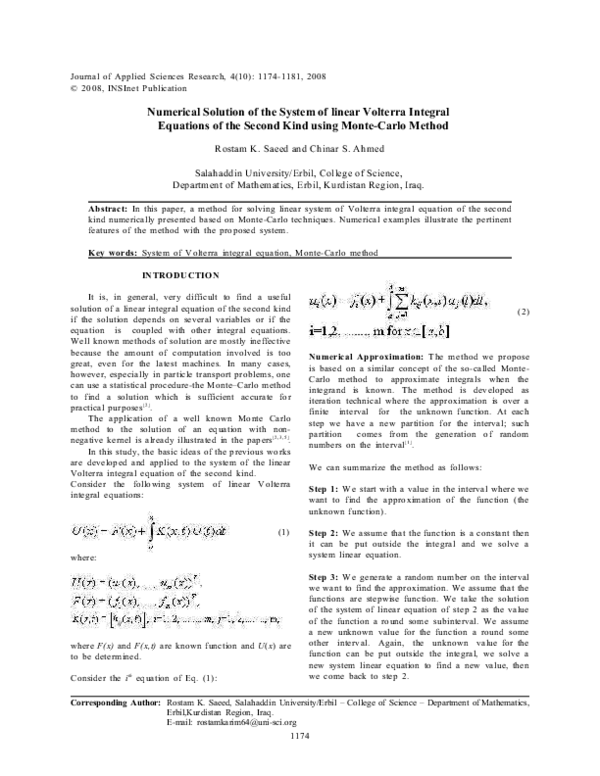 Pdf Numerical Solution Of The System Of Linear Volterra Integral