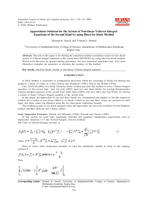 (PDF) Approximate Solution for the System of Non-linear Volterra Integral Equations of the ...