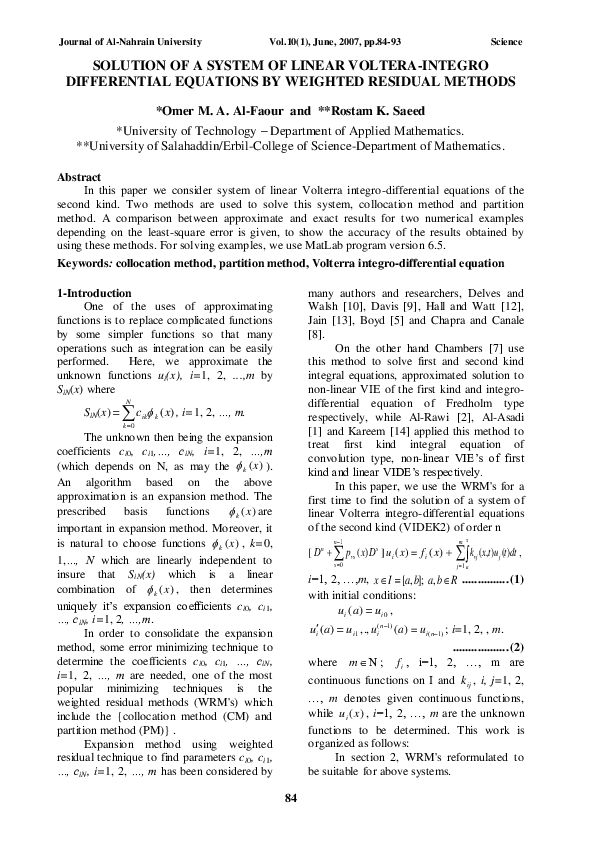 Pdf Solution Of A System Of Linear Voltera Integro Differential