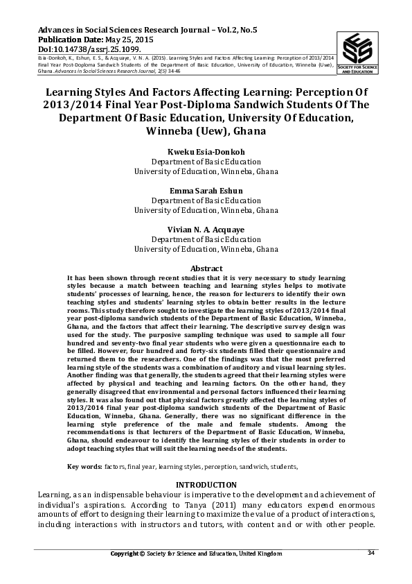 (PDF) Learning Styles and Factors Affecting Learning: Perception of ...