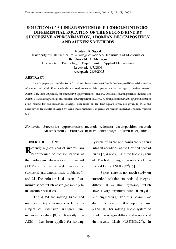 (PDF) SOLUTION OF A LINEAR SYSTEM OF FREDHOLM INTEGRODIFFERENTIAL ...