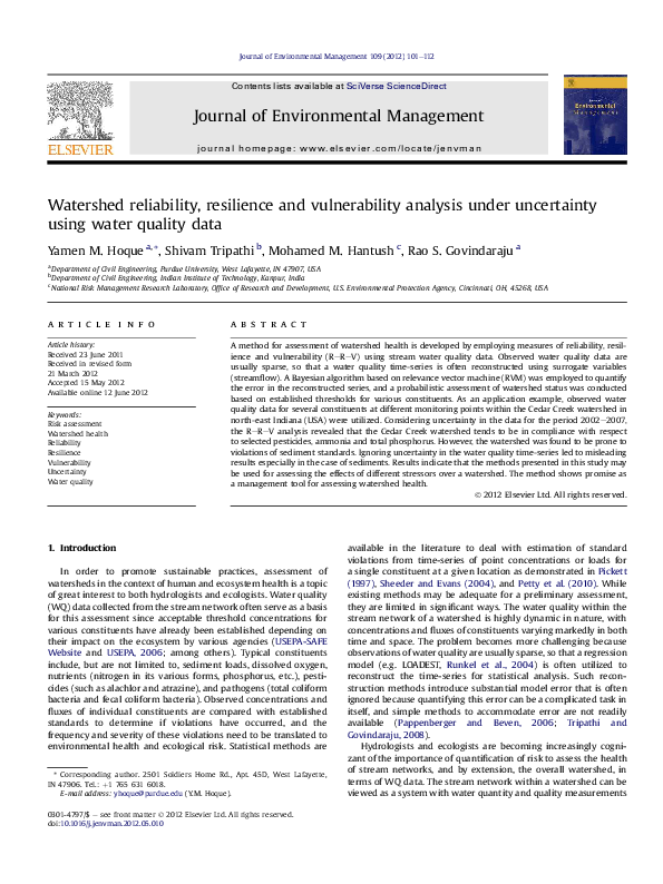 (PDF) Watershed reliability, resilience and vulnerability analysis under uncertainty using water ...
