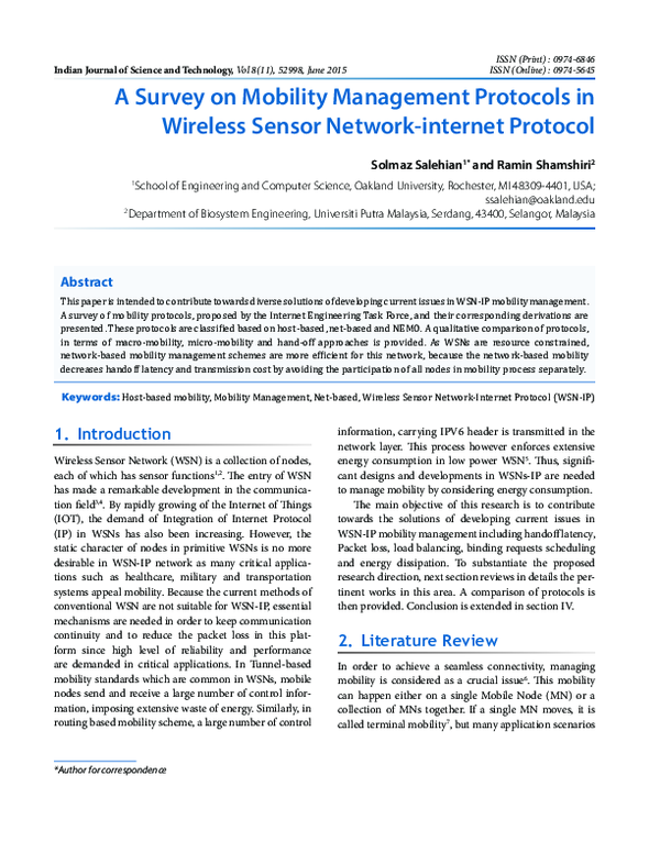 Pdf A Survey On Mobility Management Protocols In Wireless Sensor Network Internet Protocol
