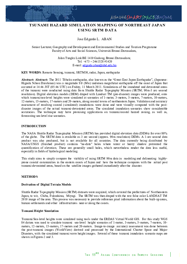 (PDF) TSUNAMI HAZARD SIMULATION MAPPING OF NORTHEAST JAPAN USING SRTM DATA