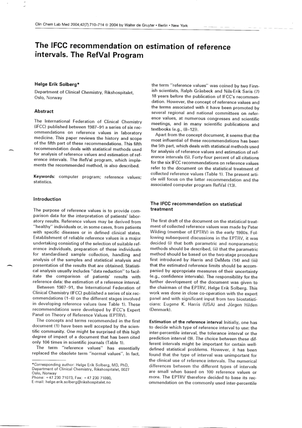 (PDF) The IFCC recommendation on estimation of reference intervals. The RefVal program