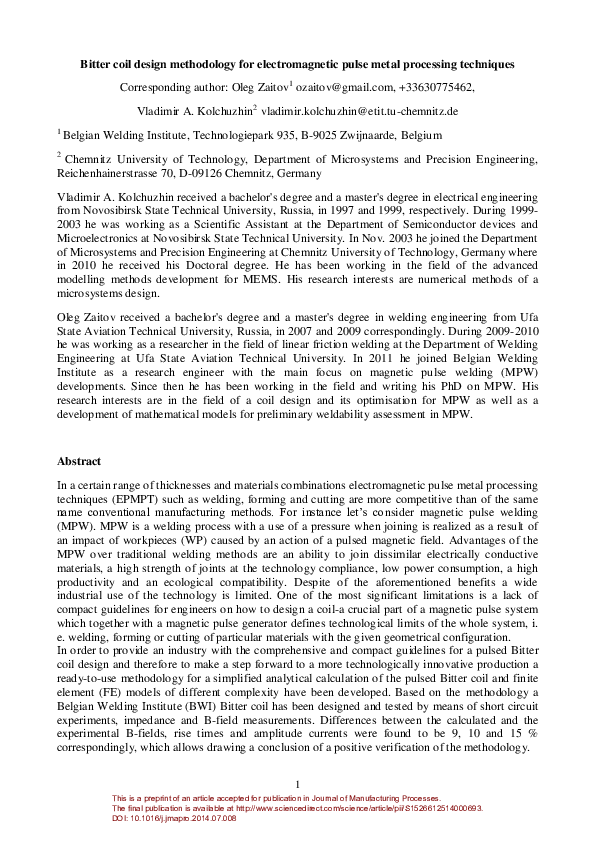 Bitter coil design methodology for electromagnetic pulse metal ...