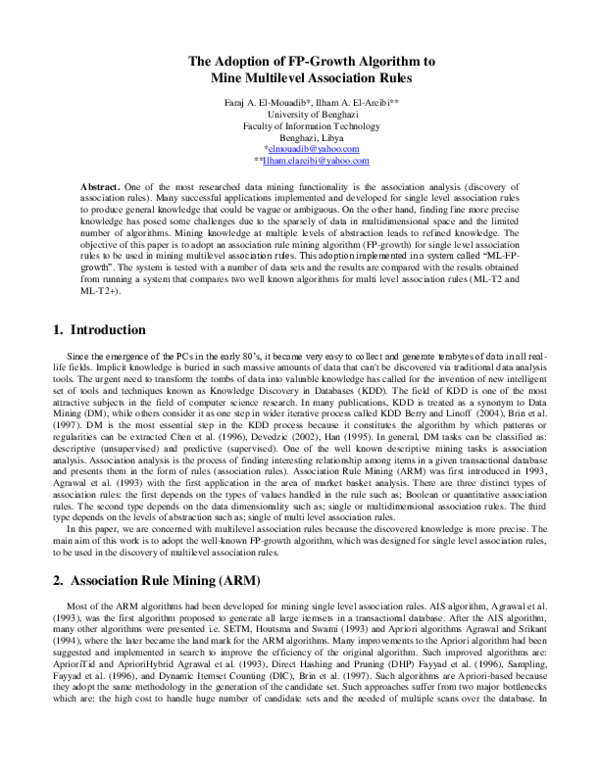 Pdf The Adoption Of Fp Growth Algorithm To Mine Multilevel Association Rules 