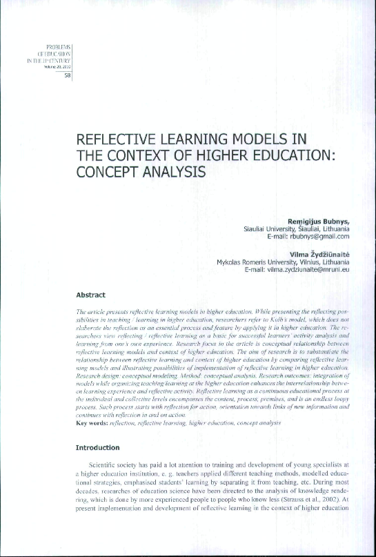 (PDF) REFLECTIVE LEARNING MODELS IN THE CONTEXT OF HIGHER EDUCATION ...