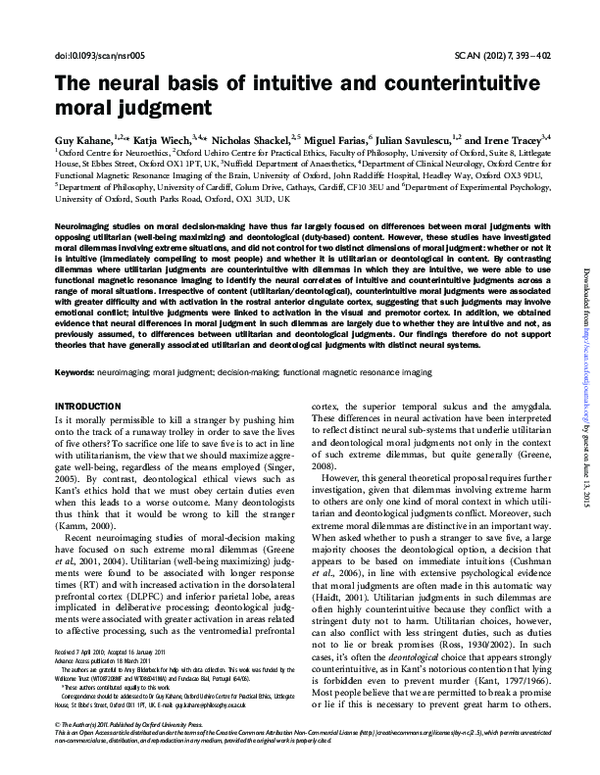 (PDF) The neural basis of intuitive and counterintuitive moral judgment ...