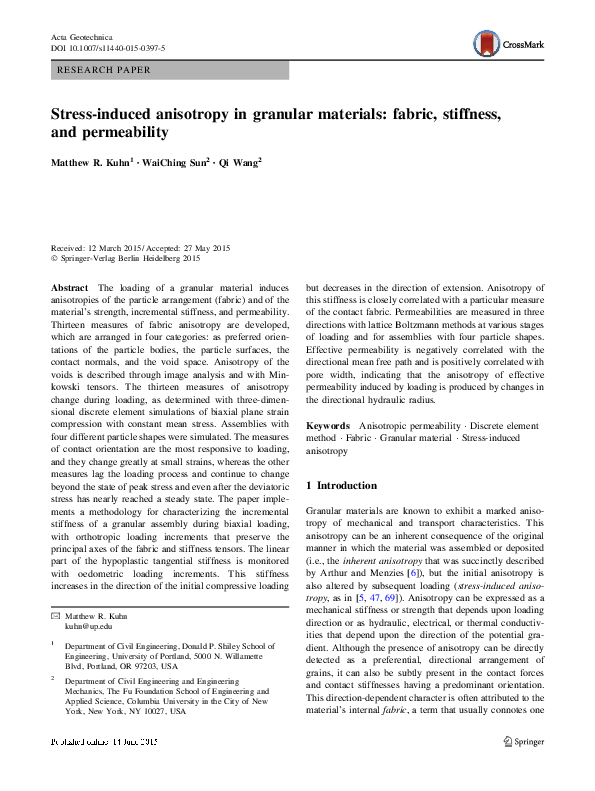 (PDF) Stress-induced anisotropy in granular materials: fabric, stiffness, and permeability