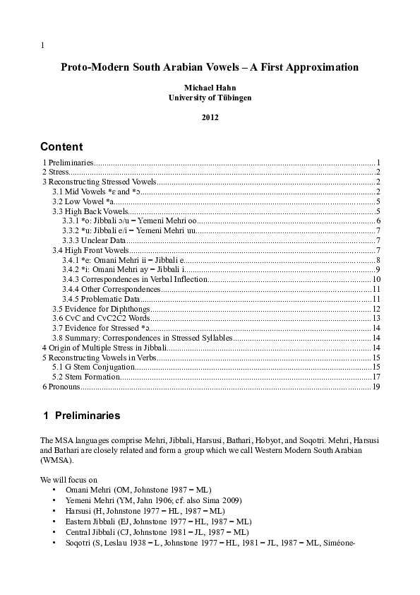 (PDF) Proto-Modern South Arabian Vowels – A First Approximation