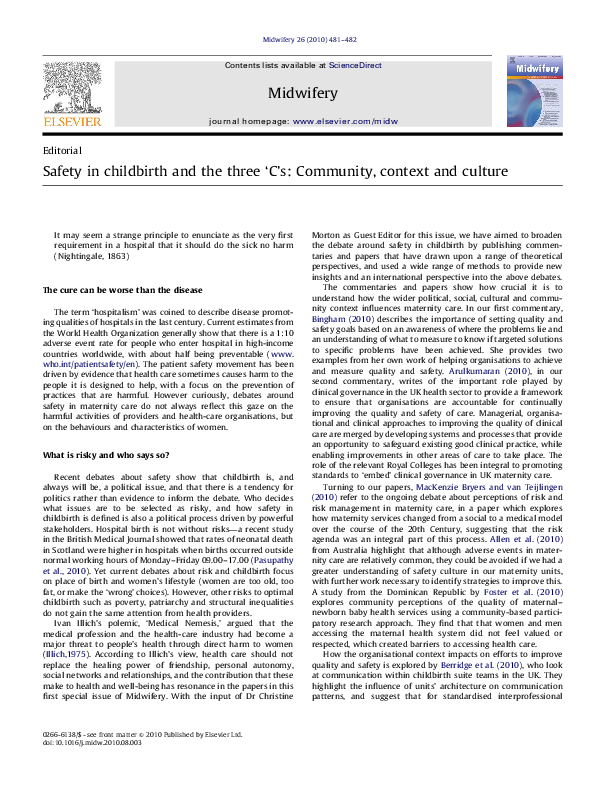 (PDF) Sandall, Jane, Christine H. Morton and Debra Bick. 2010. Safety ...