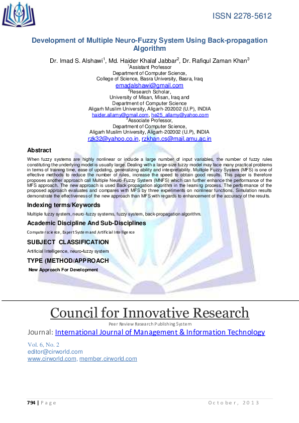 Pdf Development Of Multiple Neuro Fuzzy System Using Back Propagation Algorithm