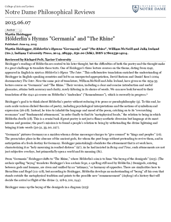 (PDF) Review of Martin Heidegger, Hölderlin's Hymns "Germania" and "The ...