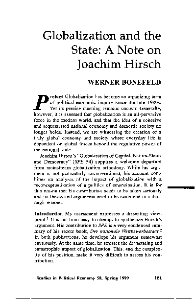 (PDF) Globalisation and the State: A Note on Joachim Hirsch