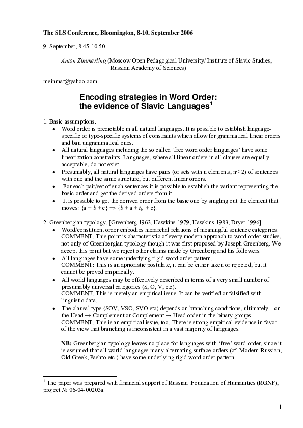 (PDF) Encoding strategies in Word Order: the evidence of Slavic Languages