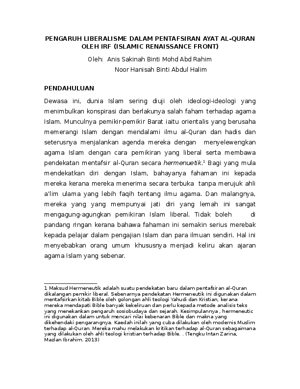 (DOC) PENGARUH LIBERALISME DALAM PENTAFSIRAN AYAT AL-QURAN OLEH IRF ...