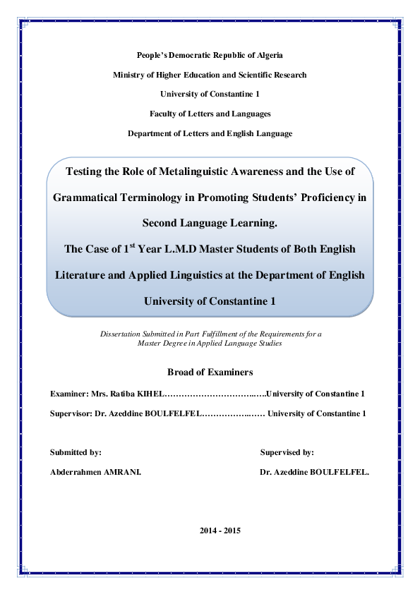Pdf Testing The Role Of Metalinguistic Awareness And The Use Of Grammatical Terminology In
