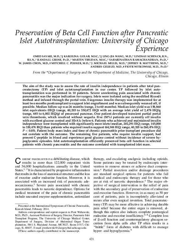 (PDF) Preservation of beta cell function following pancreatic islet ...
