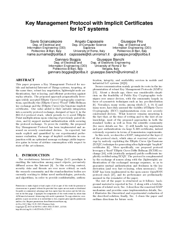 Pdf Key Management Protocol With Implicit Certificates For Iot Systems