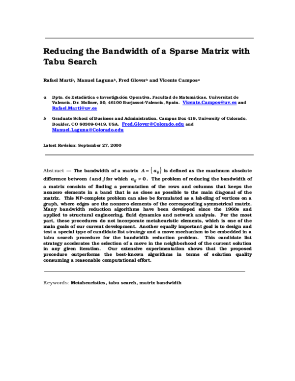 Pdf Reducing The Bandwidth Of A Sparse Matrix With Tabu Search