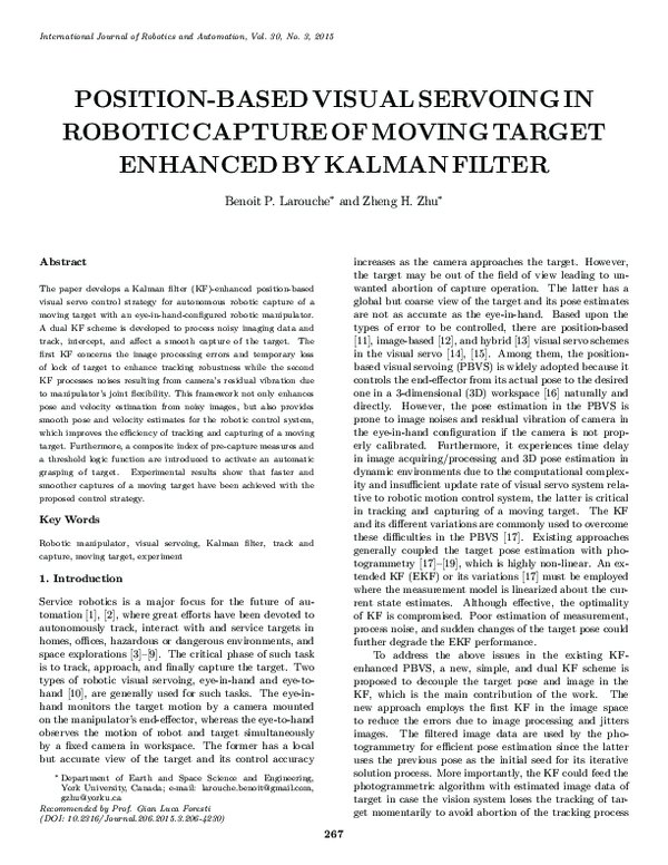 (PDF) Position-based visual servoing in robotic capture of moving target enhanced by Kalman filter