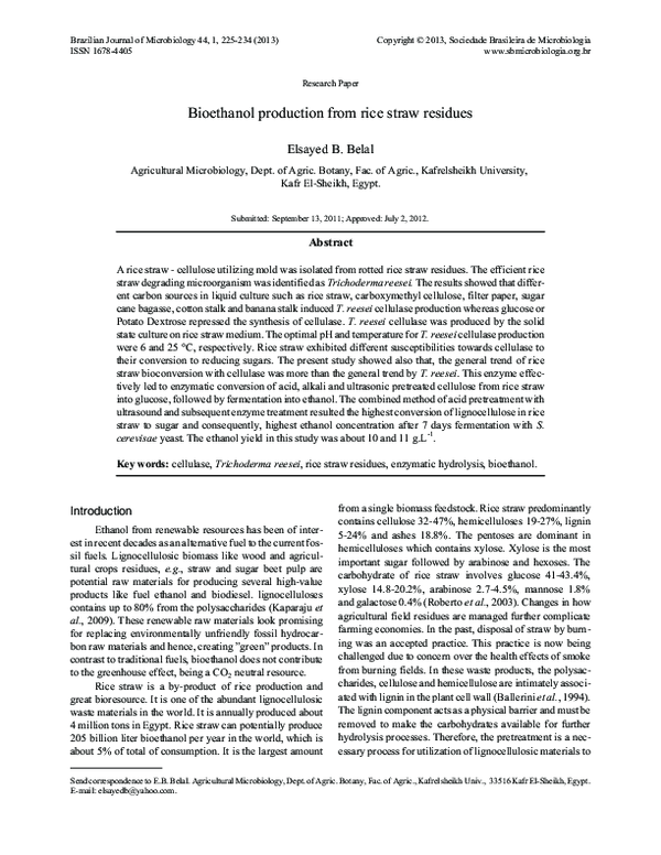 (PDF) Bioethanol production from rice straw residues